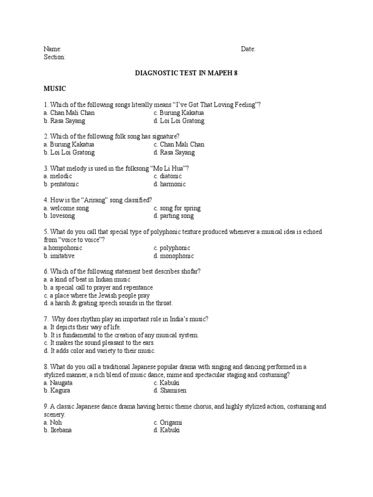 MAPEH 8 Diagnostic Test Questions | PDF | Foreign Language Studies | Art