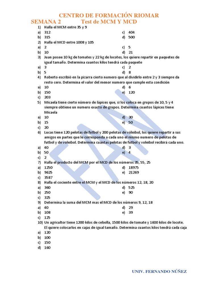 Test de MCM y MCD Basico SEM 2-1 | PDF