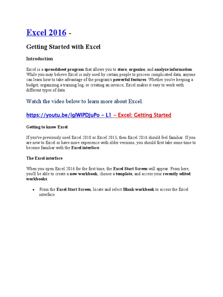 L1 - Excel 2016 - GETTING STARTED With EXCEL | Download Free PDF | Microsoft Excel | System Software