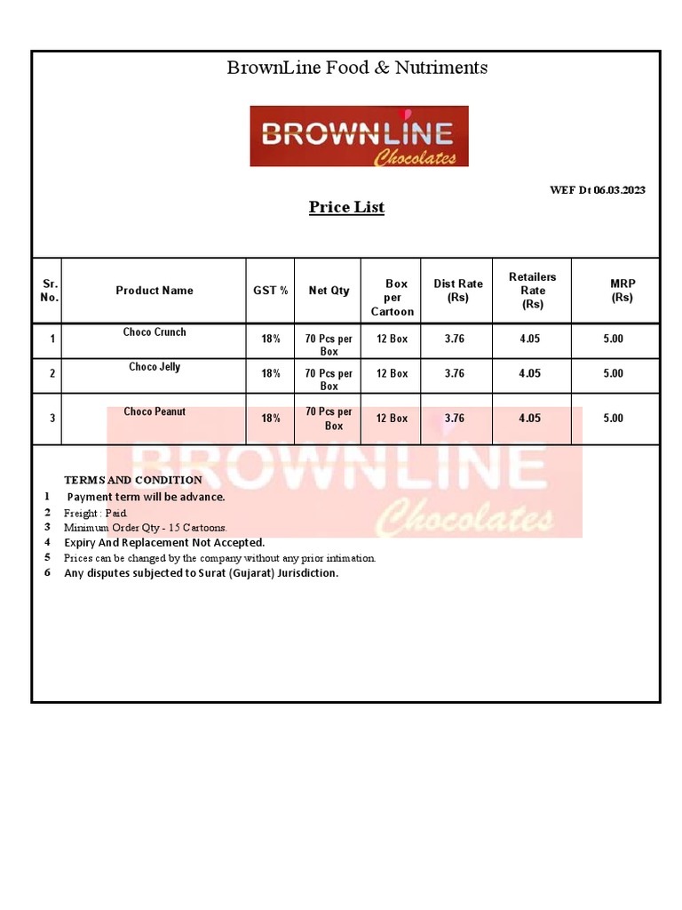 BrownLine Chocolate Price List | PDF