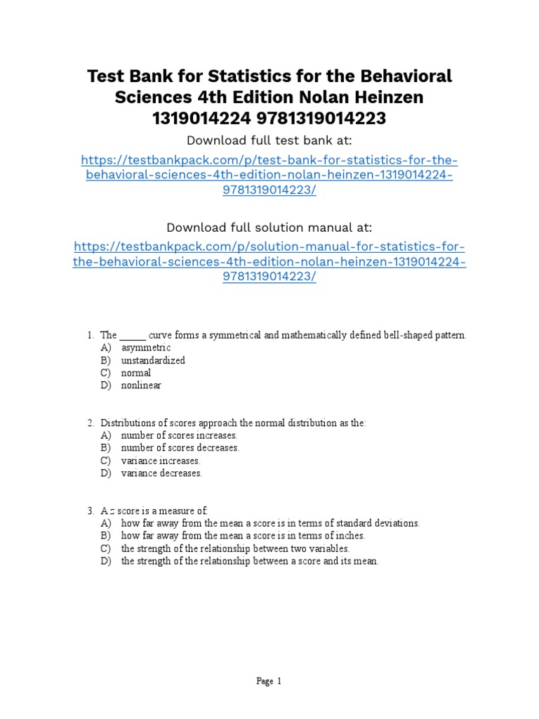 Statistics For The Behavioral Sciences 4th Edition Nolan Test Bank ...
