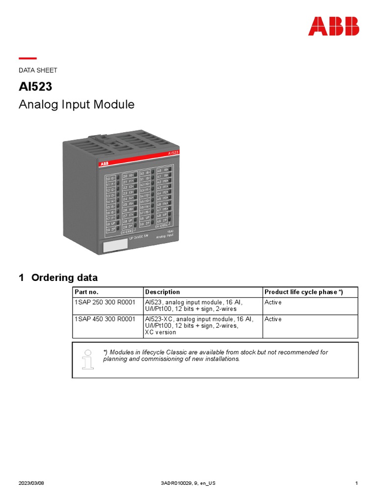 Datasheet PLC ABB Analog Input Module AI523 | PDF | Alternating Current | Power Supply