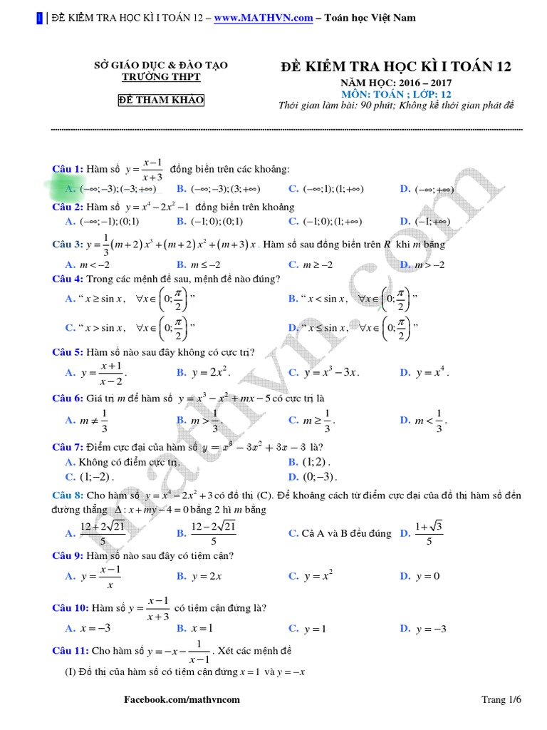 De Thi Hoc Ki 1 Toan 12 Trac Nghiem | PDF