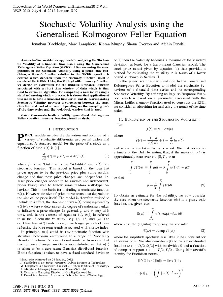 Stochastic Volatility Analysis Using The Generalised Kolmogorov-Feller Equation | PDF