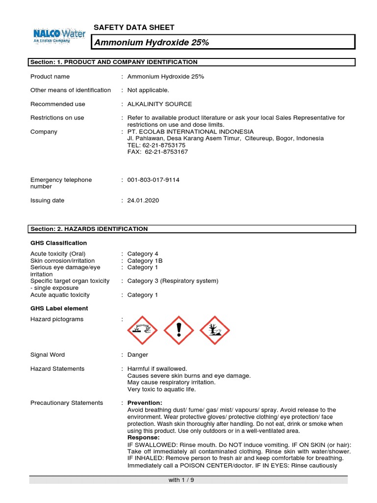 MSDS Ammonia - NALCO | PDF