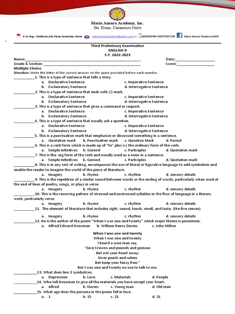 3rd Prelim Exam English 9 2022-2023 | PDF