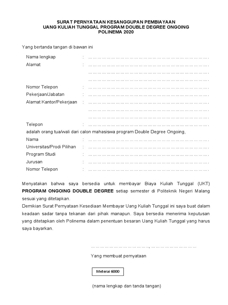 Surat Kesanggupan Pembayaran UKT Polinema | PDF