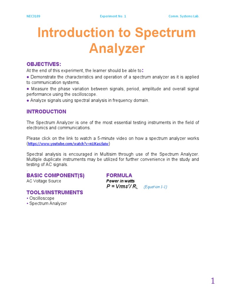 Experiment No. 1 An Introduction To Spectrum Analyzer | PDF
