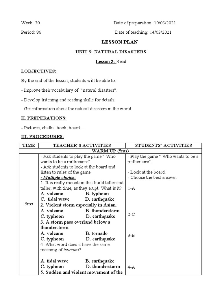 Unit 9: Natural Disasters Lesson 3: Read I.Objectives | PDF | Natural ...