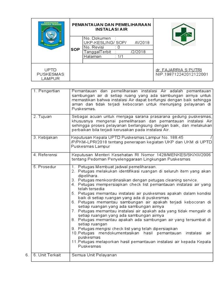 Sop Pemeliharaan & Pemantauan Instalasi Air | PDF