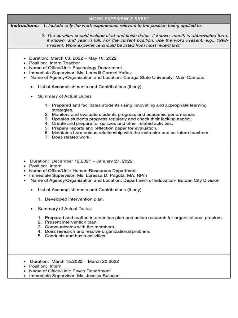 Work Experience Sheet Sample | PDF | Business