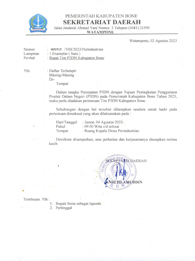 Surat Rapat Tim P3DN Kabupaten Bone1 | PDF