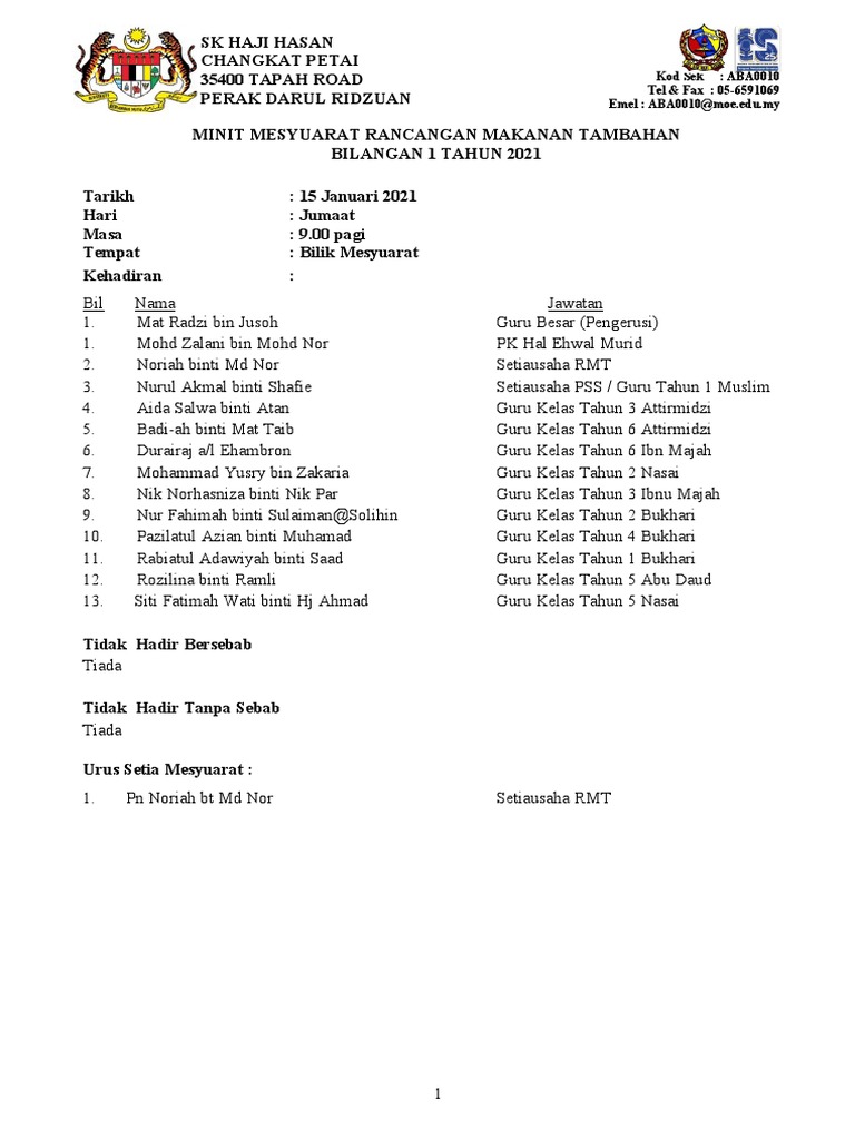 1. MINIT MESYUARAT RMT BILANGAN 1 2021 | PDF