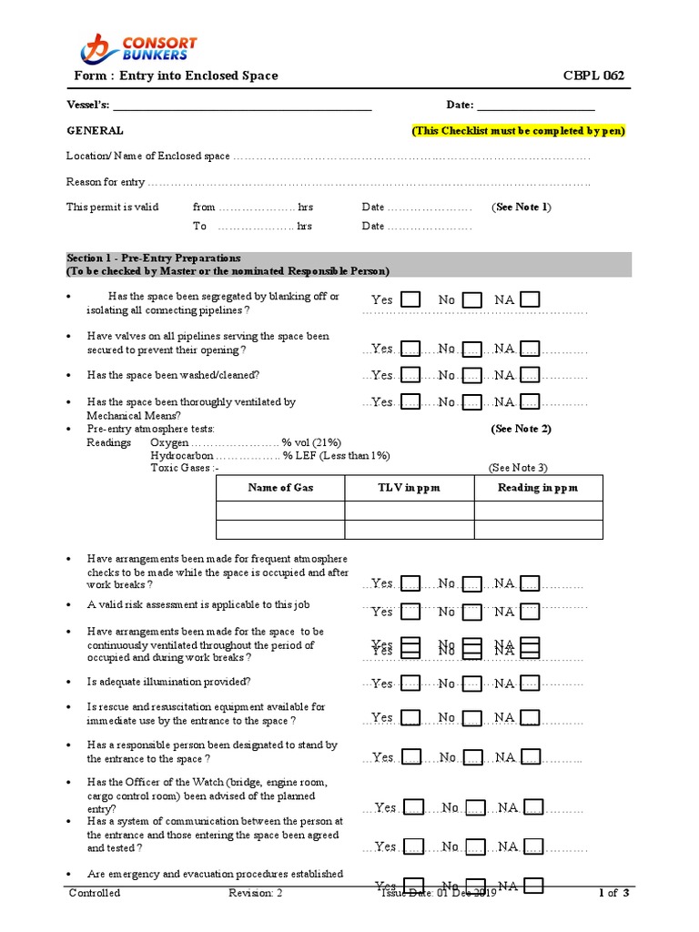 Entry in Enclosed Space Checklist | PDF | Underwater Diving | Gases