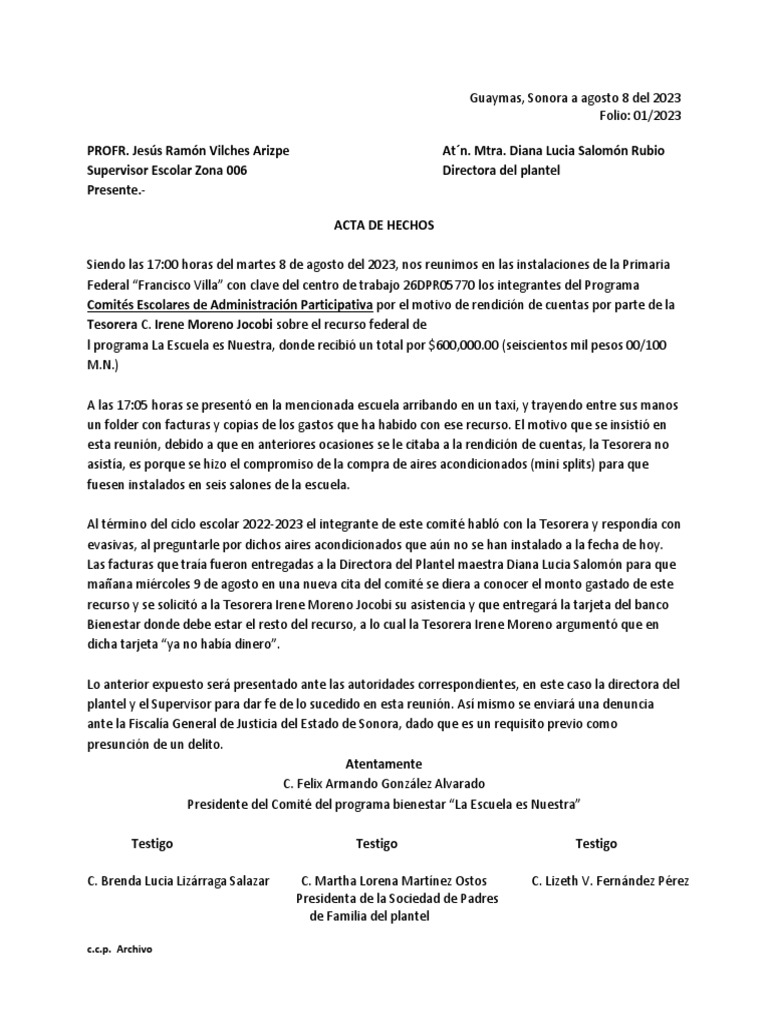 001 - 2023 - Acta Hechos Aires Acondicionad Os | PDF