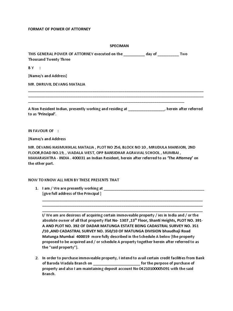 Format of Power of Attorney | PDF