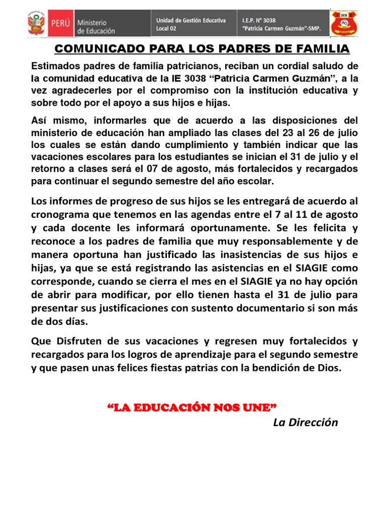 Comunicado para Los Padres de Familia | PDF