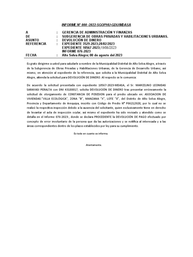 Informe de Solicitud de Devolucion Juan Veronica Cuyo | PDF