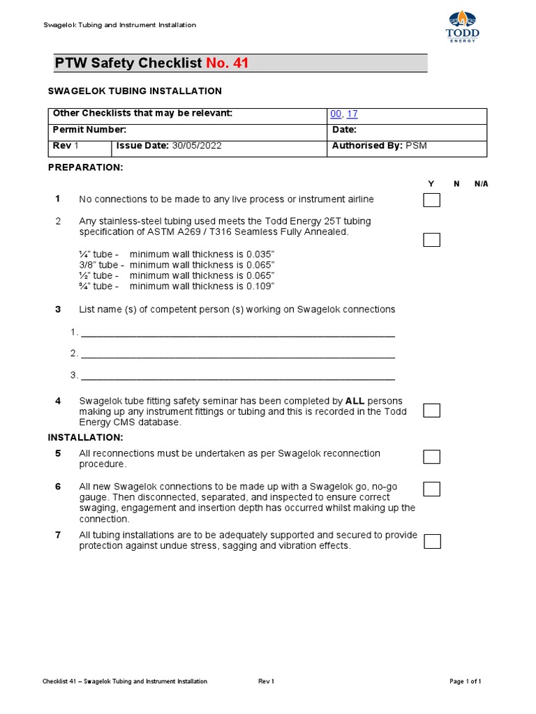 Checklist 41 Swagelok Instrument Installation | PDF