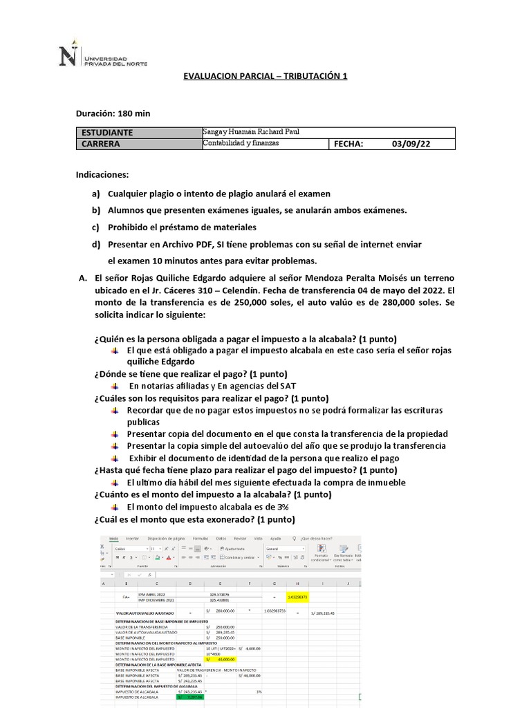 Evaluacion Parcial Tributacion 2022-2 | PDF