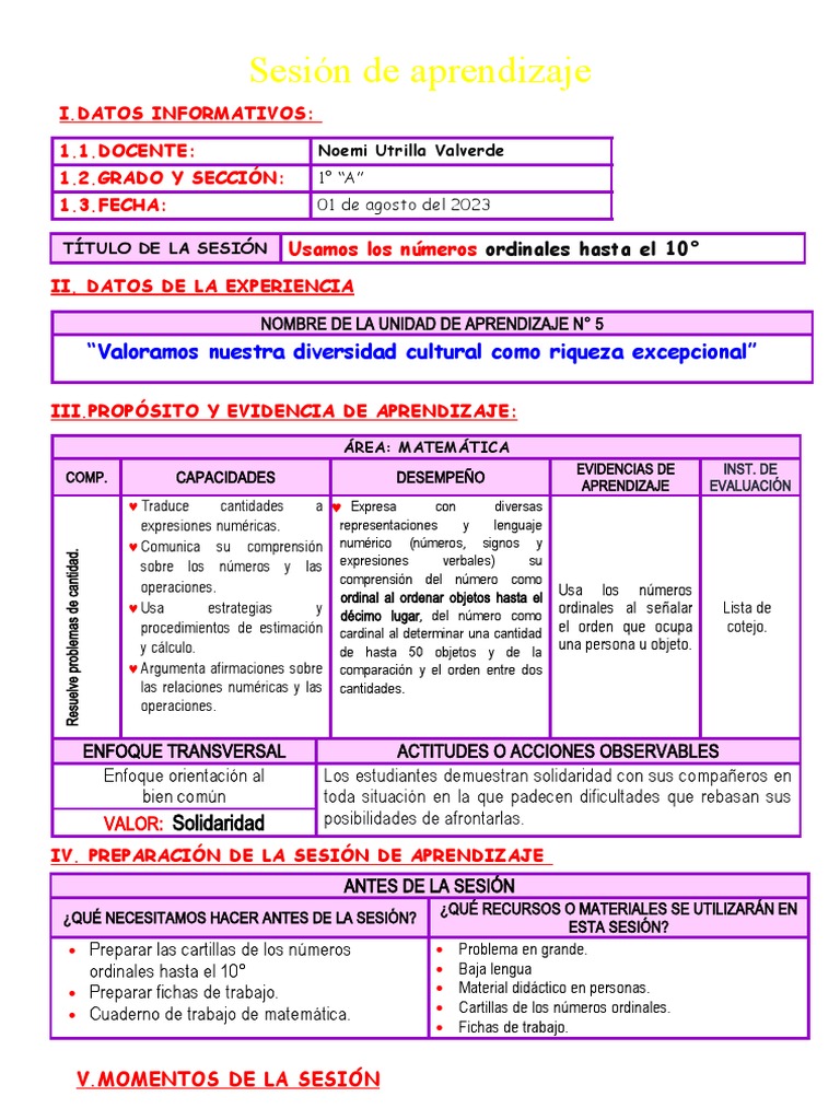 Números Ordinales hasta el 10° en Matemáticas | PDF