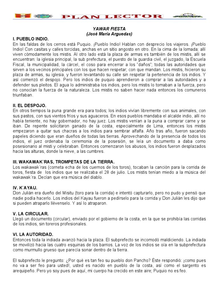 Resumen Por Capítulos de Yawar Fiesta | PDF