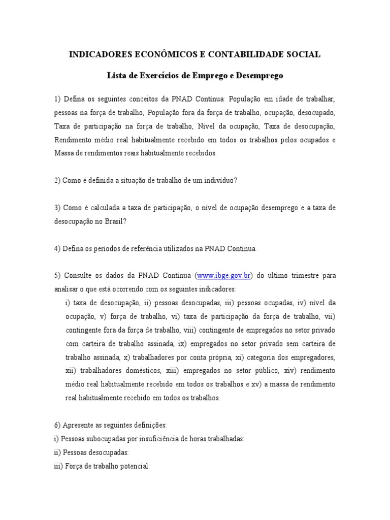 Lista de Exercícios de Emprego e Desemprego | PDF