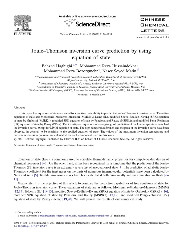 Joule Thomson Inversion Curve Prediction by Using Ecuation of State ...