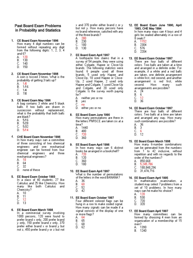 Past Board Exam Problems in Probability and Statistics | PDF