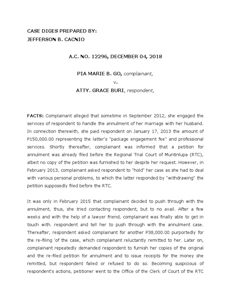 Case Digest - Pia Marie Go vs. Atty. Grace Buri | PDF | Finance & Money ...