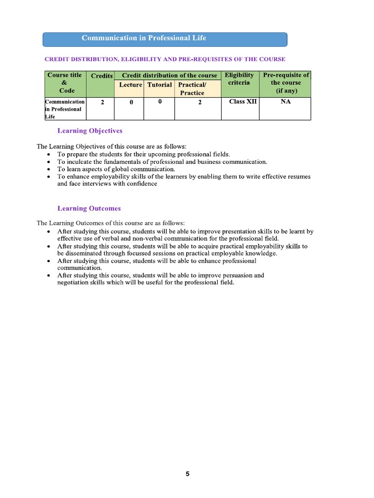 Syllabus Communication In Professional Life Sec Sem Iii Pdf