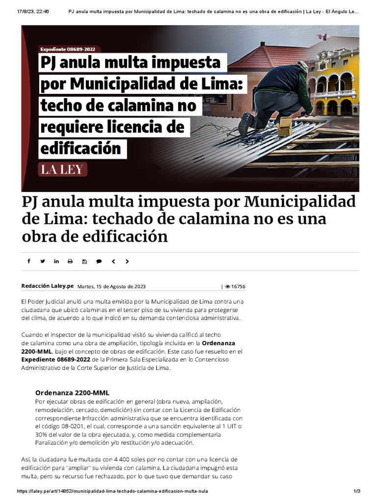 PJ Anula Multa Impuesta Por Municipalidad de Lima - Techado de Calamina | PDF