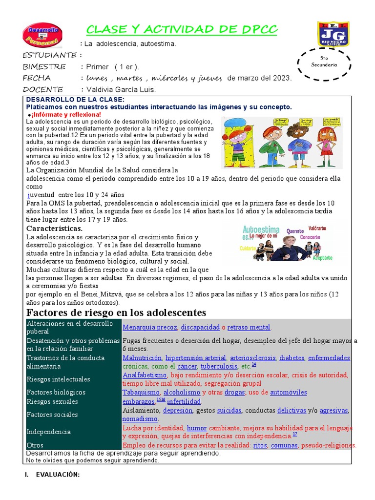 5° DPCC Clase y Actividad N° 1 1er Bimestre Adolescencia y Autoestima 20 - 03 - 2023. | PDF