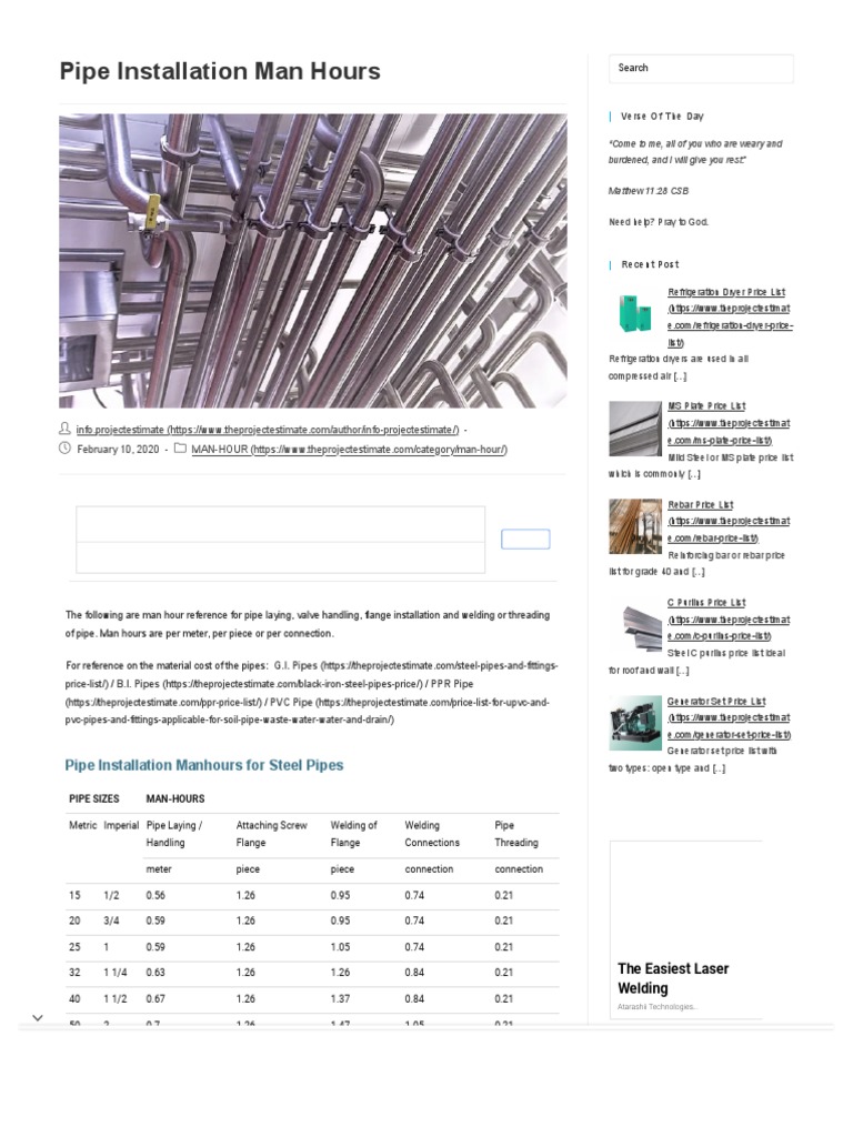 Pipe Installation Man Hours | PDF