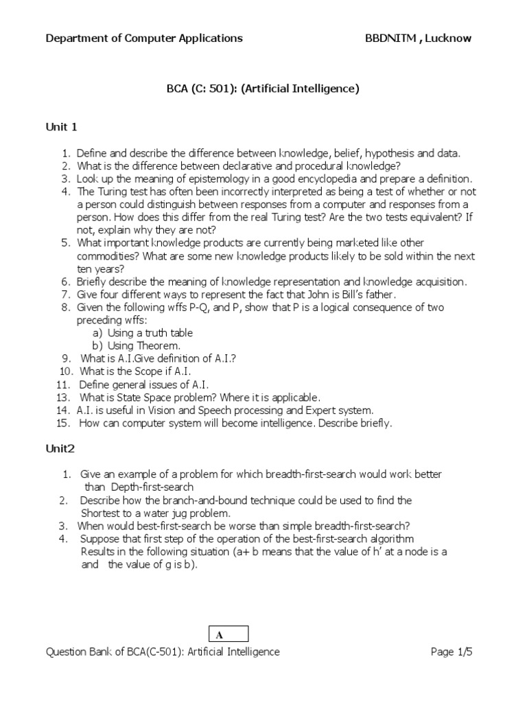 3170 BCA C 501 AI QUESTION BANk | PDF