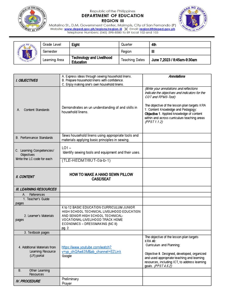 Lesson Exemplar in TLE 8 Dressmaking | PDF