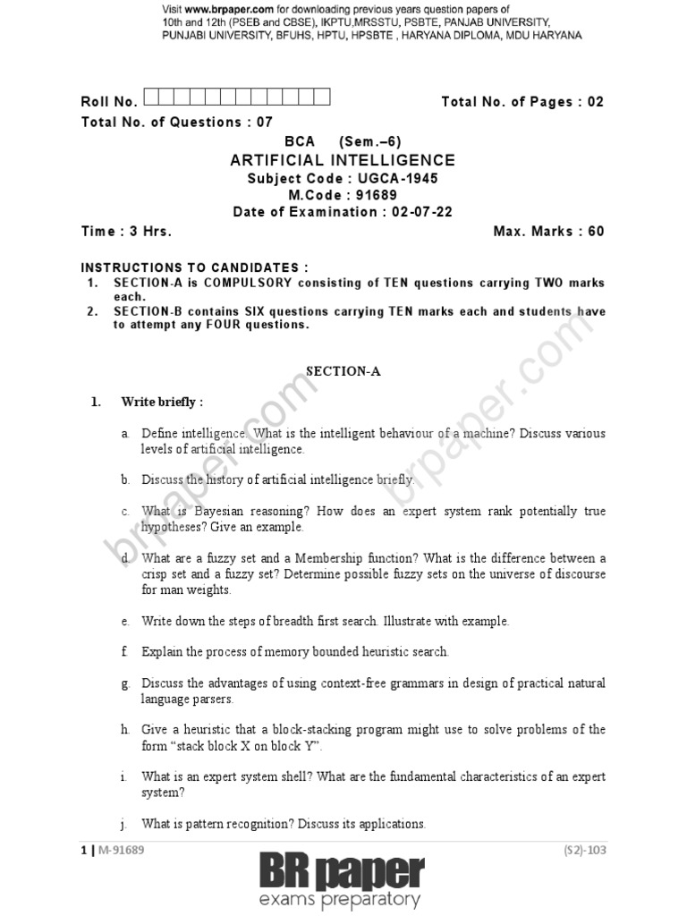 BCA Sem 6 AI Exam Paper Overview | PDF