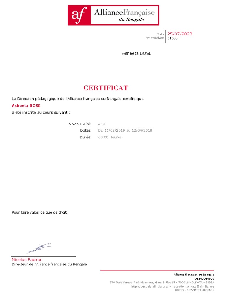 Class Certificate S A12B - Asheeta BOSE | PDF