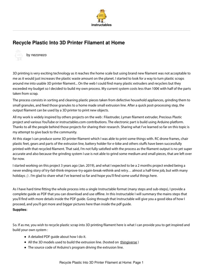 Recycle Plastic Into 3D Printer Filament at Home | PDF