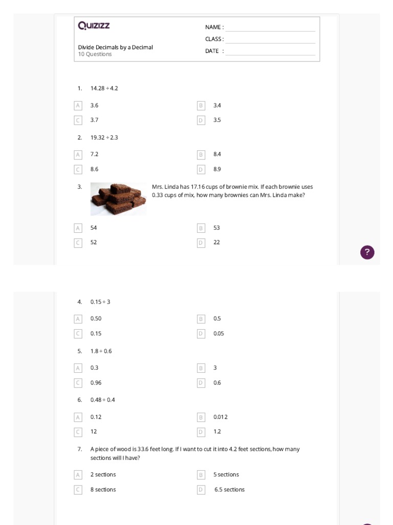 Divide Decimals Practice Questions | PDF
