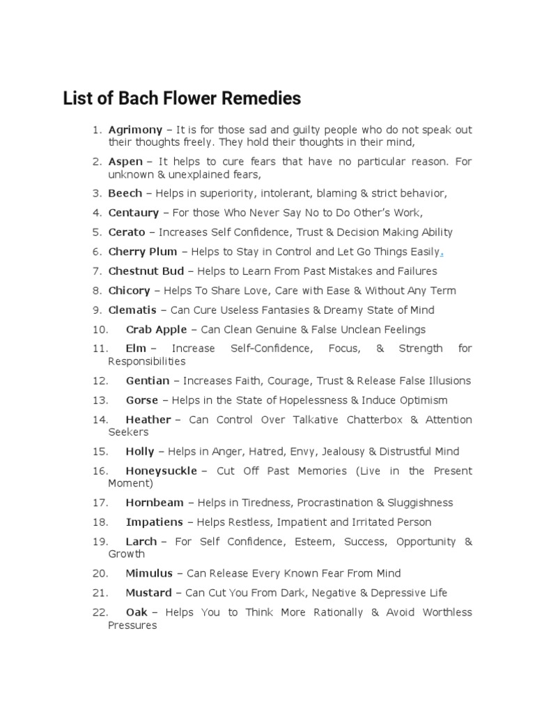 List of Bach Flower Remedies | PDF
