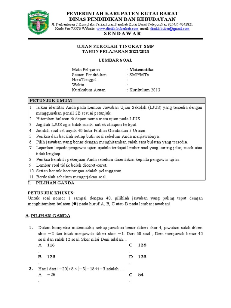 Soal Us Matematika SMP Mat 2023 Oke | PDF