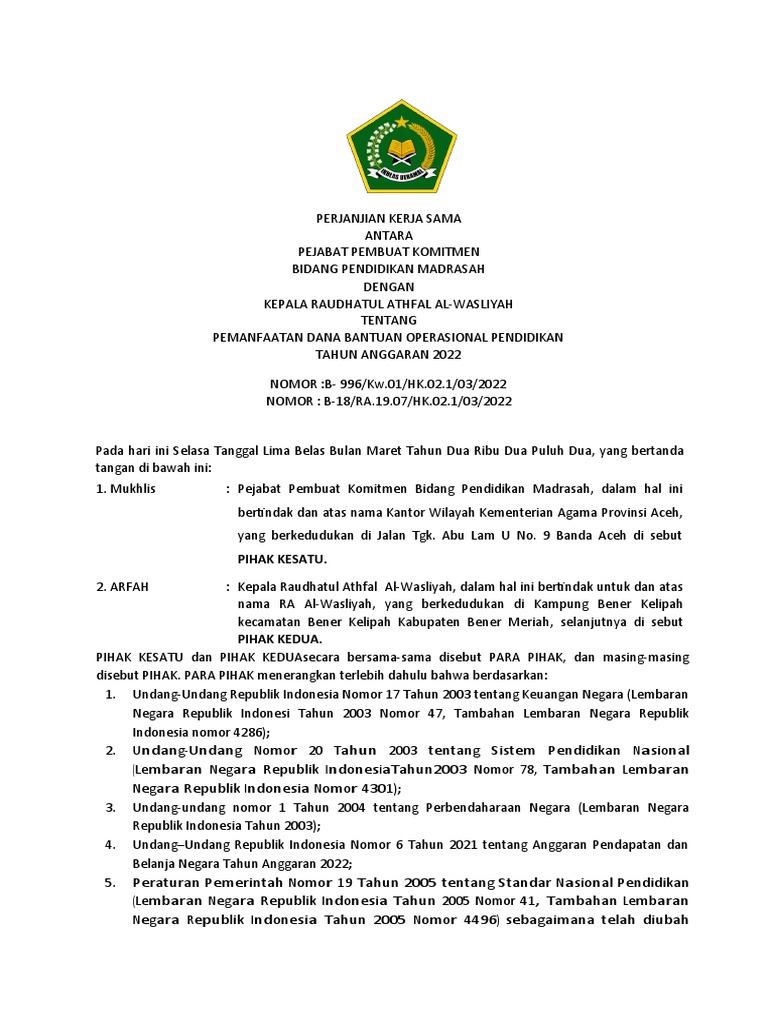 BOS-06 Perjanjian Kerja Sama (PKS) RA | PDF