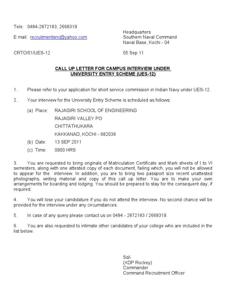 Call Up Letter | PDF