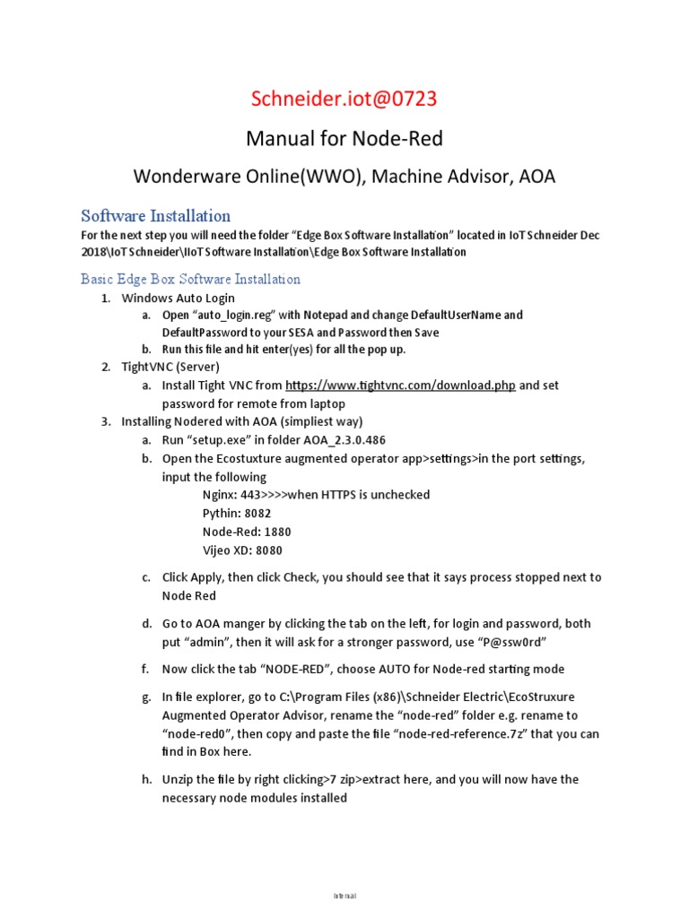 Manual for Nodered, Wonderware, Machine Advisor, AOA | PDF