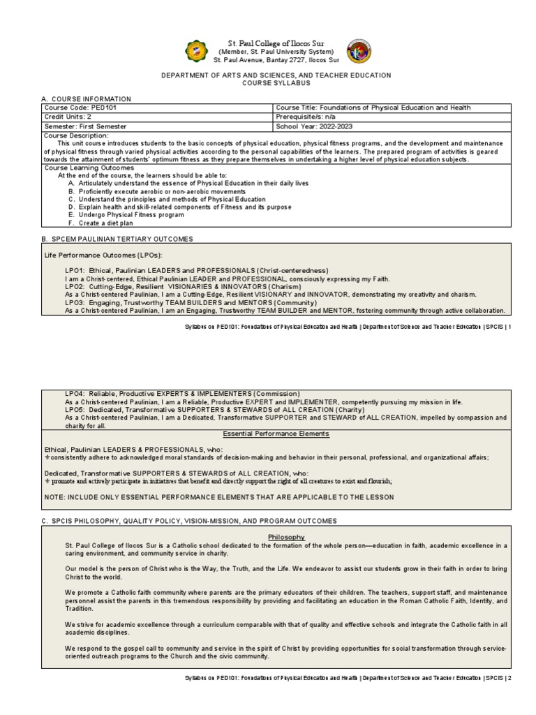 Pe101 Syllabus 2022 2023 | PDF