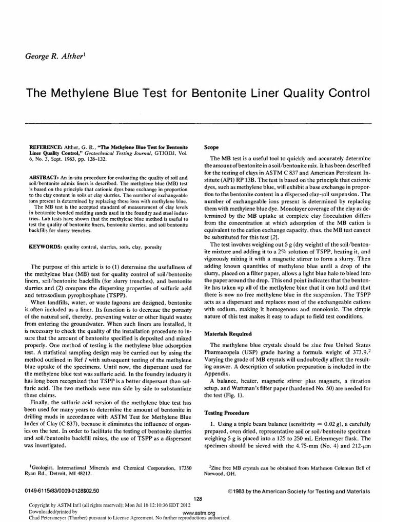 Alther 1983 - The methylene blue test for bentonite liner quality ...