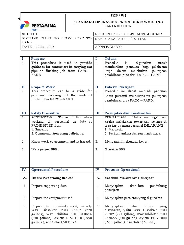 SOP Flushing Pipeline FARC - FARB - Rev00 | PDF