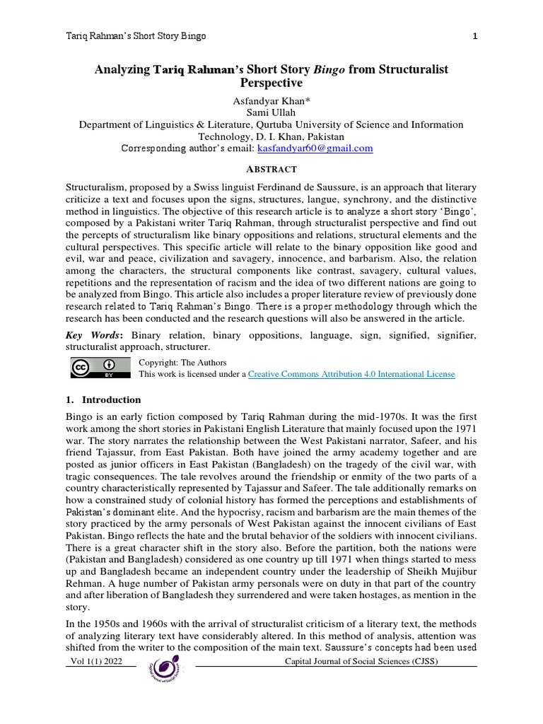 Analyzing Tariq Rahman's Short Story Bingo From Structuralist Perspective | PDF