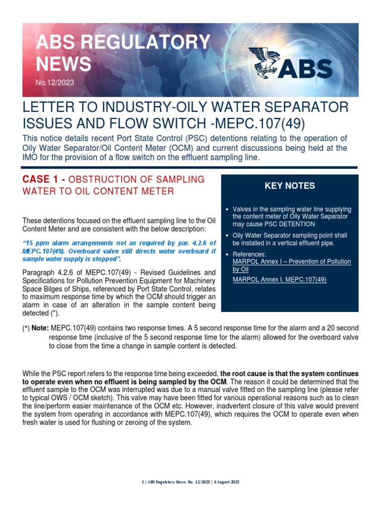ABS Regulatory News - Letter To Industry OWS Issues and Flow Switch | PDF